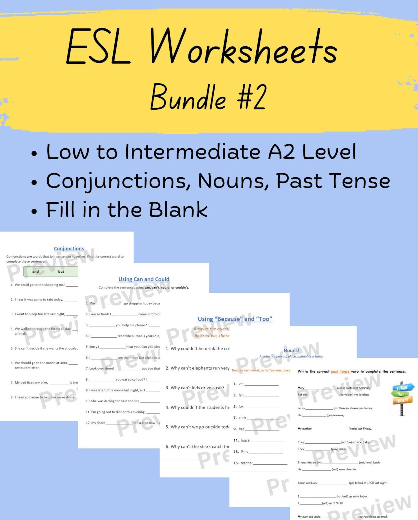 ESL 5 Worksheet Bundle for A2 Intermediate Students, Homework Grammar ...