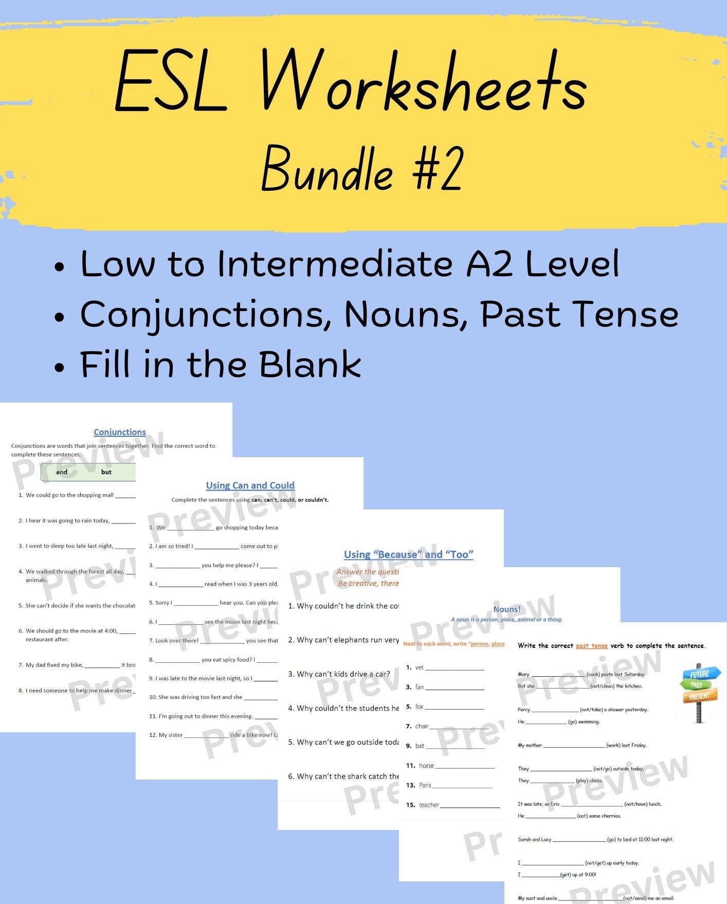 ESL 5 Worksheet Bundle for A2 Intermediate Students, Homework Grammar ...
