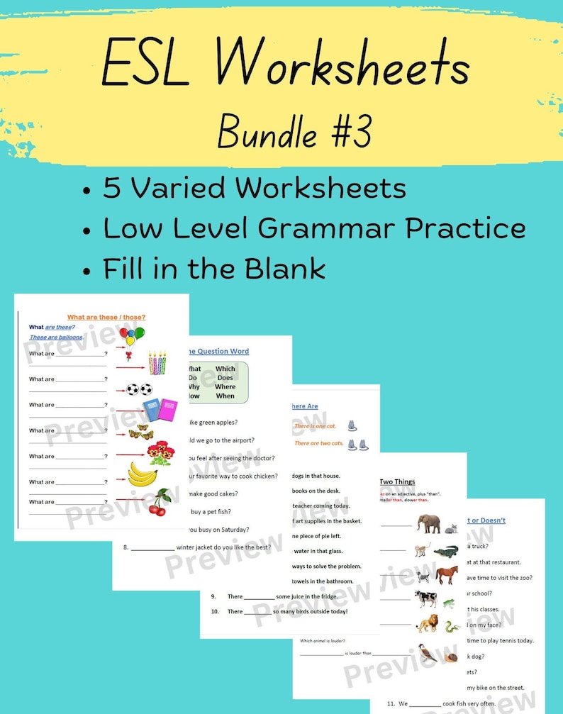 ESL 5 Worksheet Bundle, Low Level A2 English Homework, Grammar Practice ...