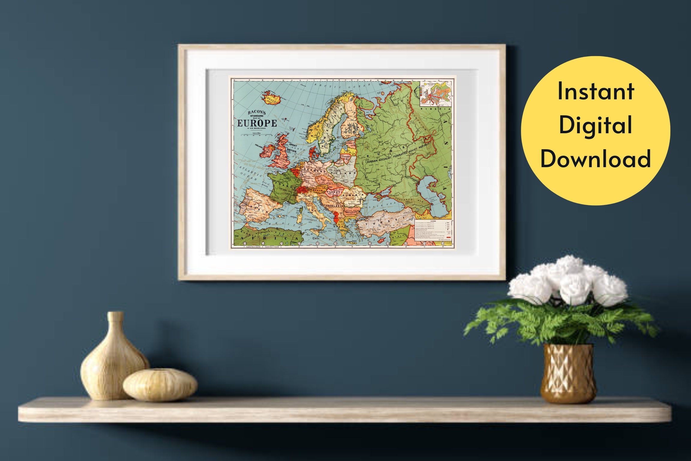 Vintage Map of Europe, Colorful Original Map, Travel Wall Art, Large ...