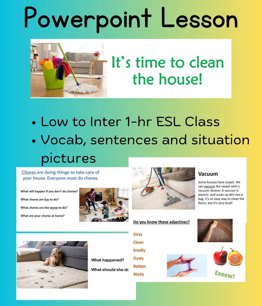 English Powerpoint Lesson, Cleaning the House, Inter ESL Class, PPT ...