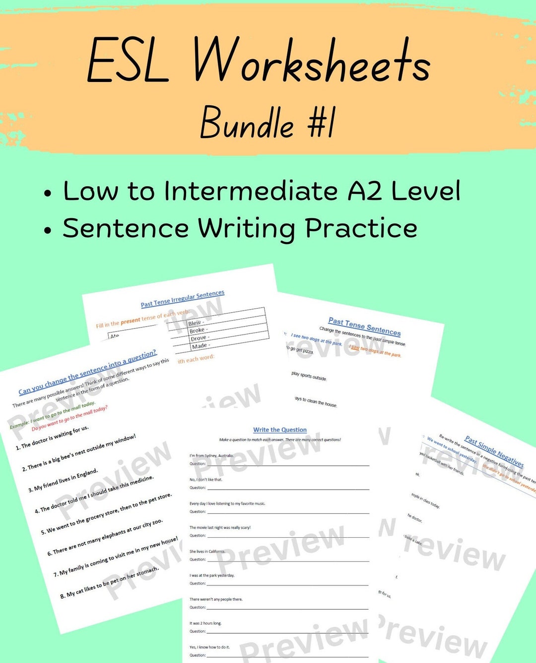 5 ESL Worksheets for A2 Intermediate Writing Practice, English Grammar ...
