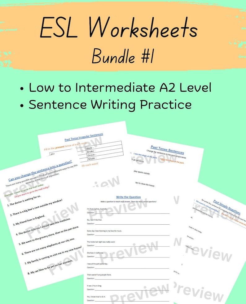 5 ESL Worksheets for A2 Intermediate Writing Practice, English Grammar ...