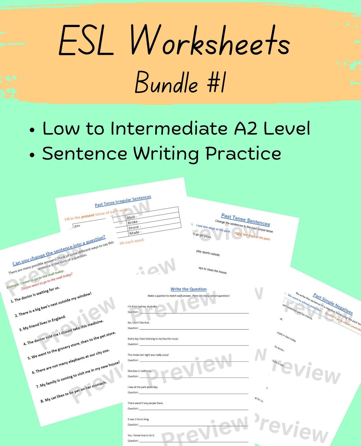 5 ESL Worksheets for A2 Intermediate Writing Practice, English Grammar ...
