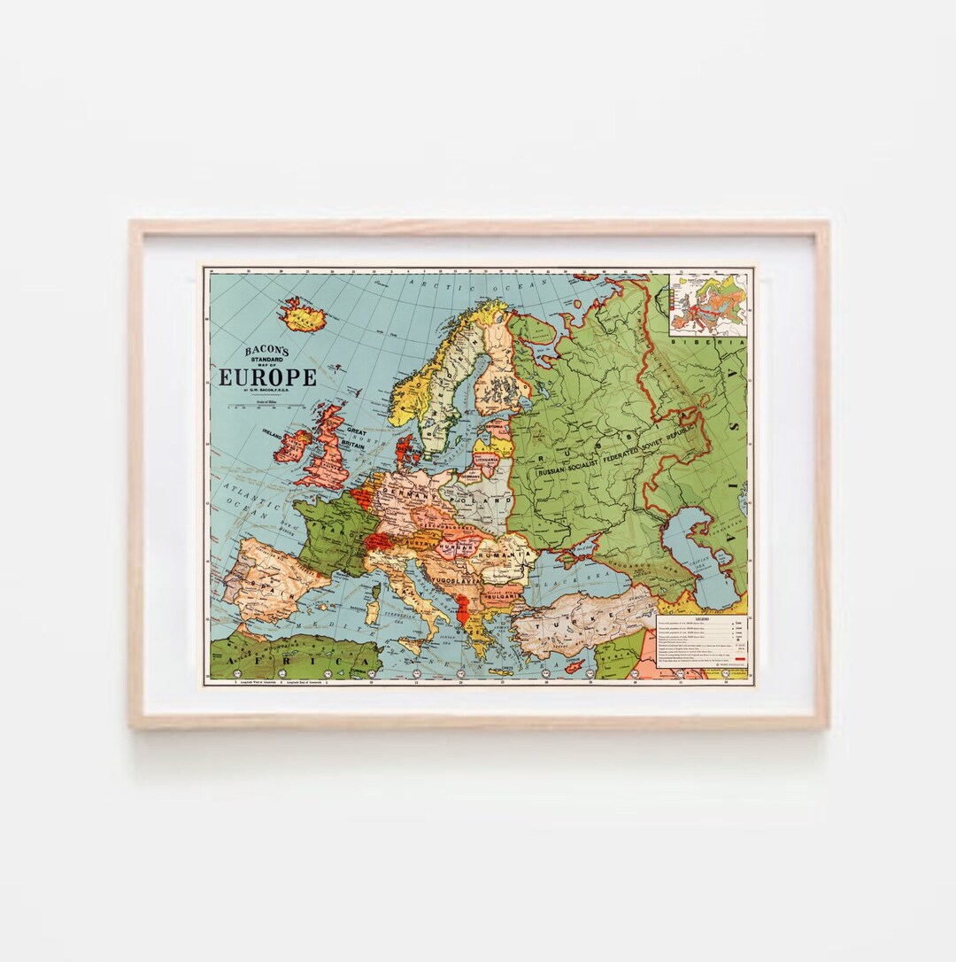 Vintage Map of Europe, Colorful Original Map, Travel Wall Art, Large ...