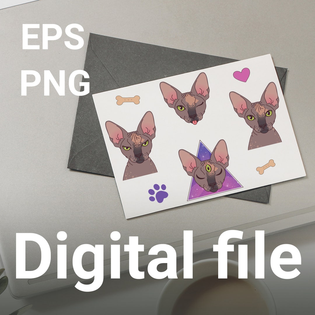 Digital Sphynx Cat Vector Stickers, Cat Portrait, Sphinx Illustration ...