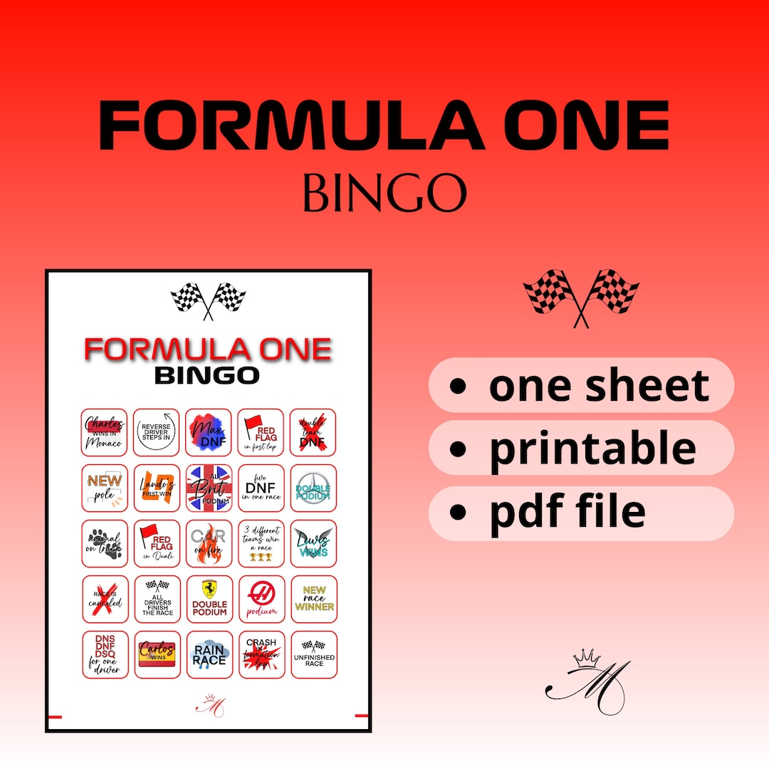 Formula One F1 Bingo Card for Formula 1 Fans Formula 1 Party F1 Party ...
