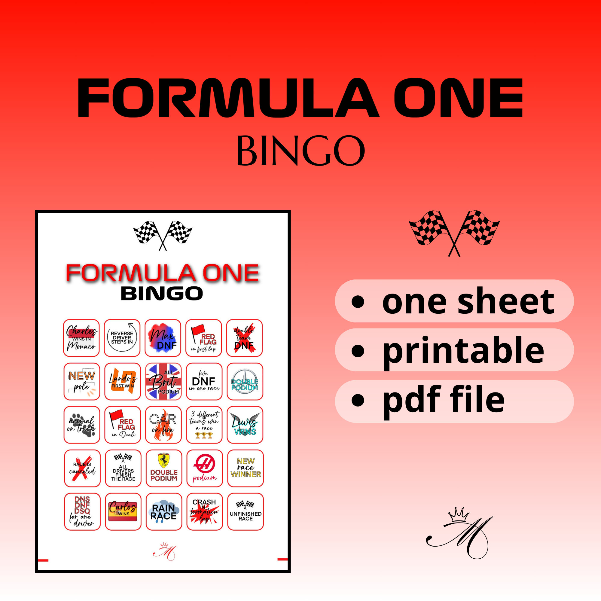Formula One F1 Bingo Card for Formula 1 Fans Formula 1 Party F1 Party F1 Grand Prix Qualifying ...
