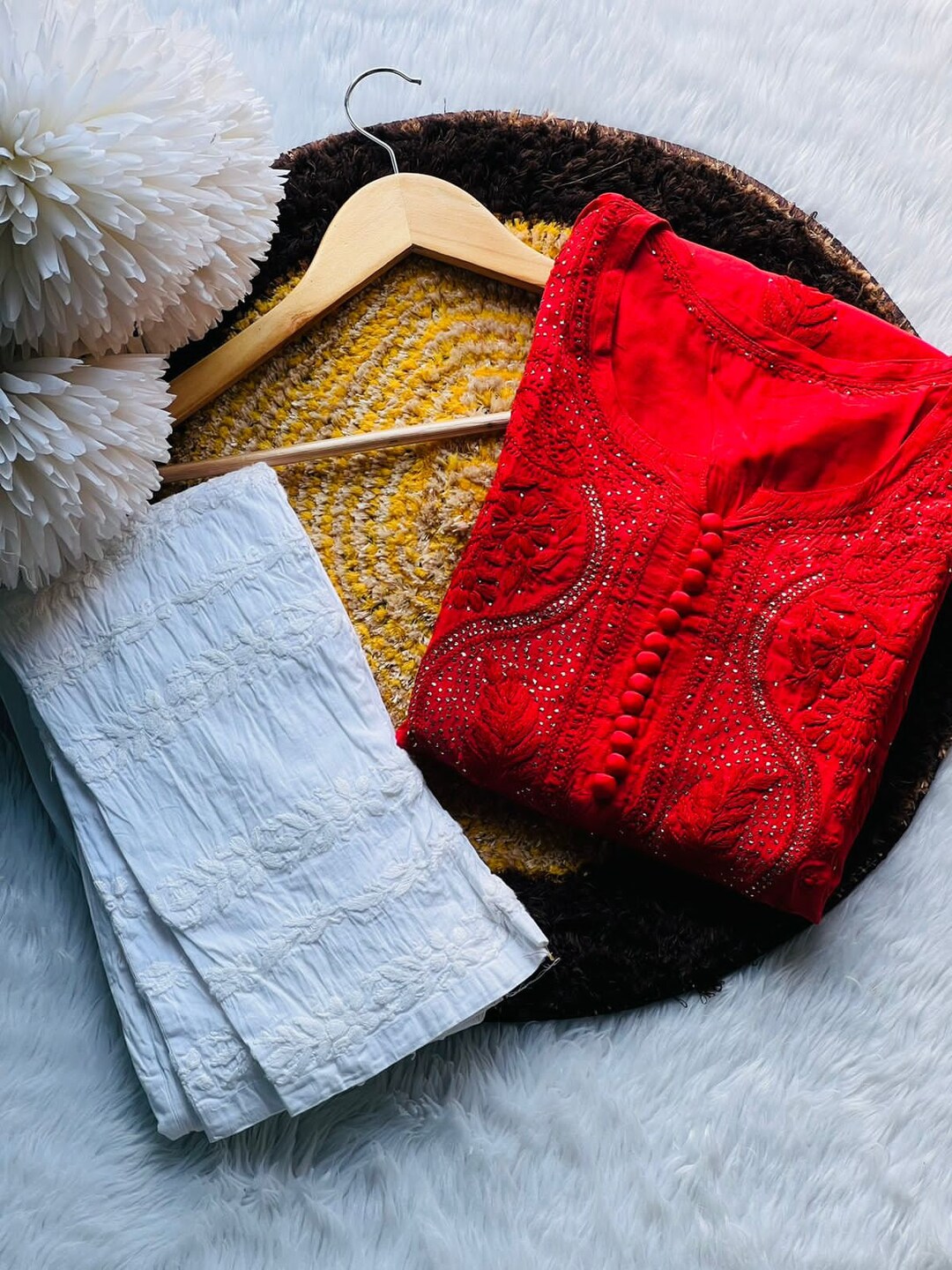 Soft Muslin Chikankari Kurti and Pant With Mukesh Work Embroidery and ...