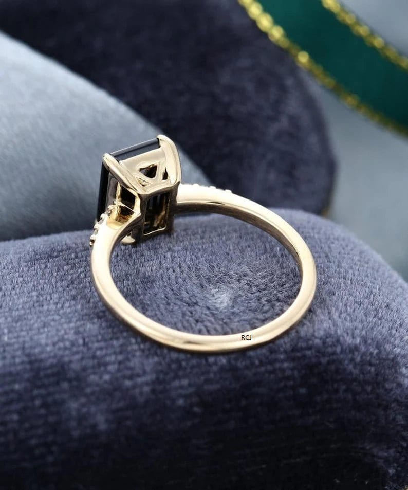 Black Onyx Emerald Cut Engagement Ring Vintage Dainty Rings - Etsy
