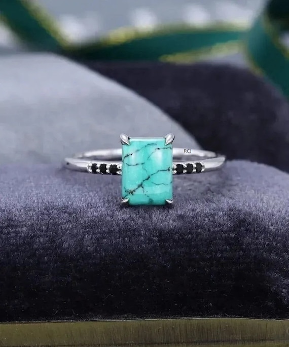 Emerald Cut Turquoise Engagement Ring Vintage White Gold - Etsy