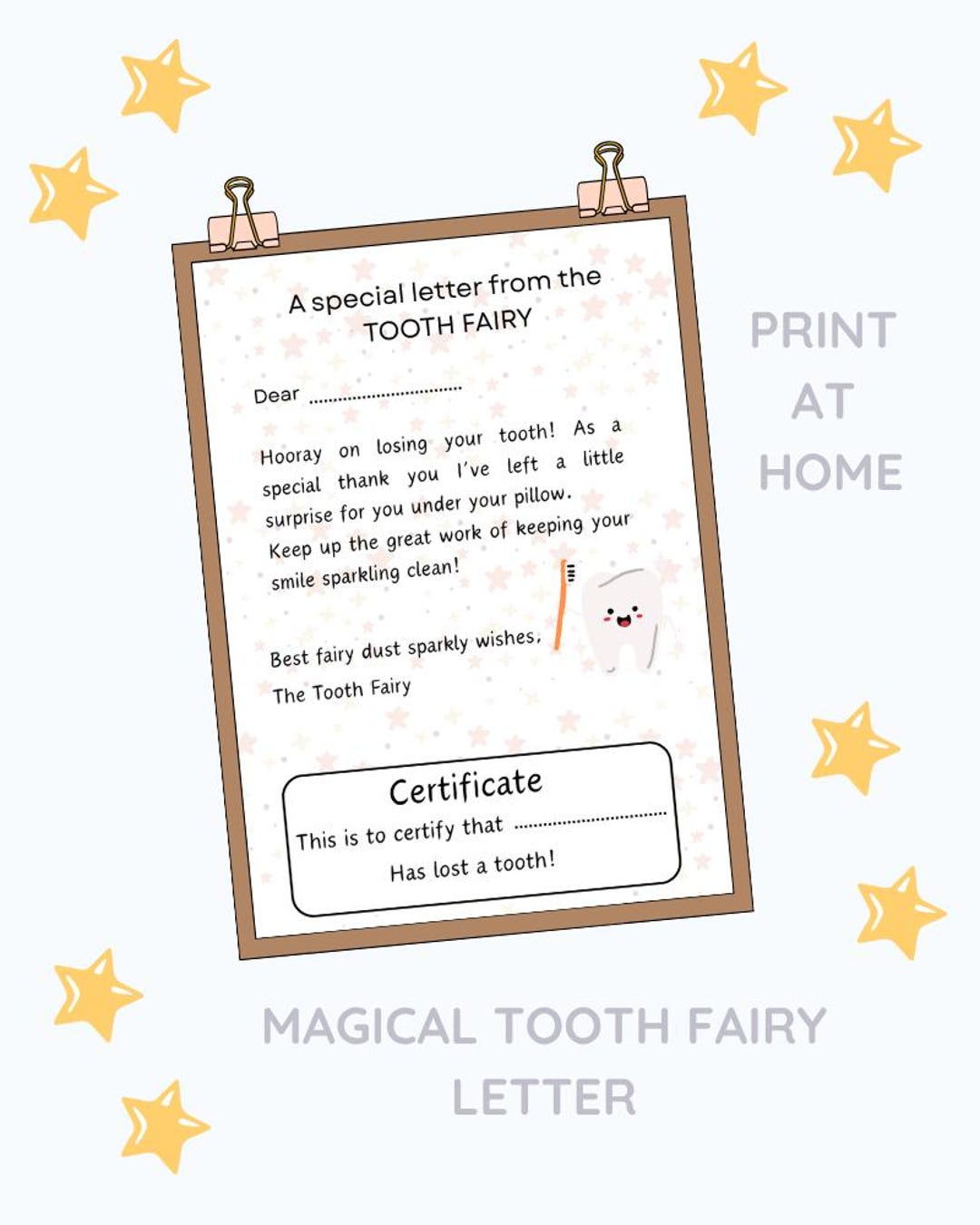 Printable Tooth Fairy Letter & Certificate | Kids PDF Instant Download ...
