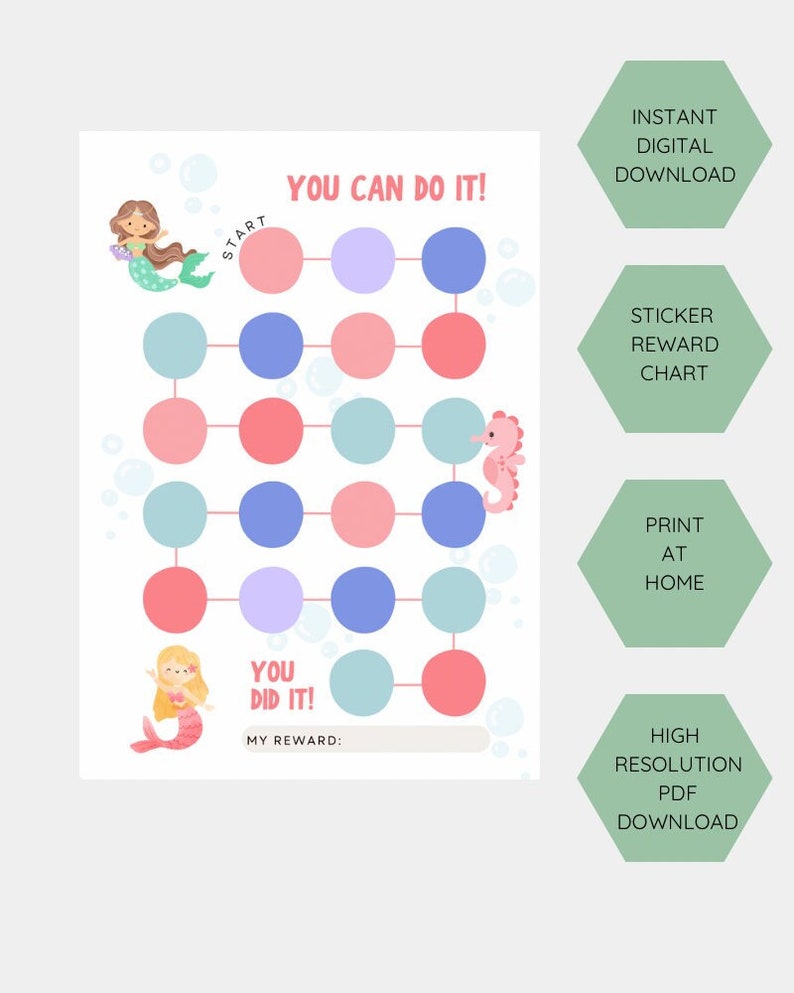 Printable Kids Sticker Reward Chart Mermaid Pastel Digital - Etsy