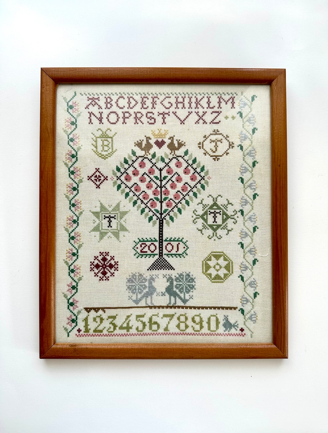 Vintage Framed Cross Stitch Sampler of a Apple Tree and Alphabet in ...