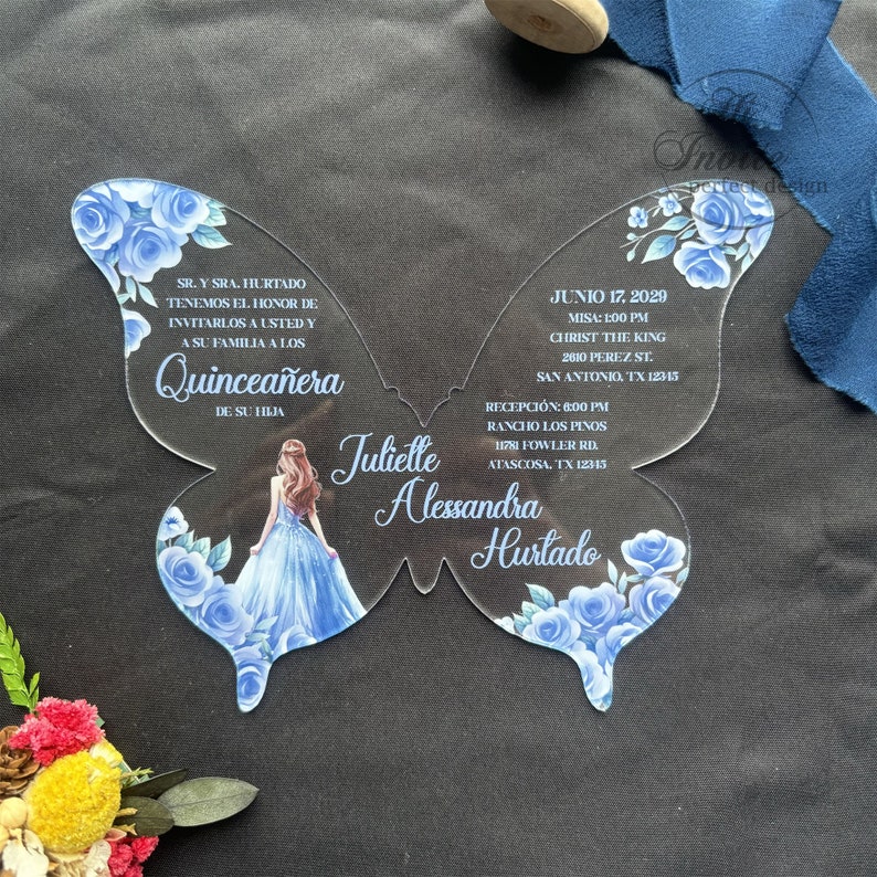 Light Blue Princess Rose Quinceañera Invitation, Fancy Sweet 16 Spanish ...