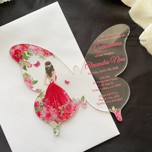 Red Girl and Rose Acrylic Butterfly Quinceañera Invitation, Fancy ...