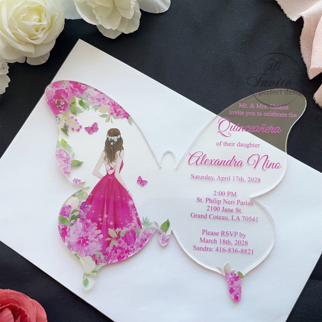 Rose Pink Princess and Froral Butterfly Acrylic Invitation for ...