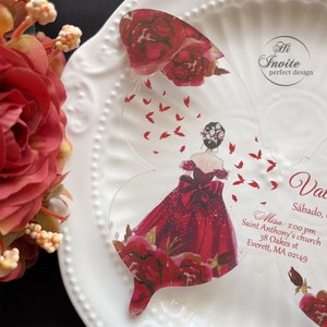 Burgundy Quinceañera Acrylic Butterfly Invitation With Princess, Fancy ...