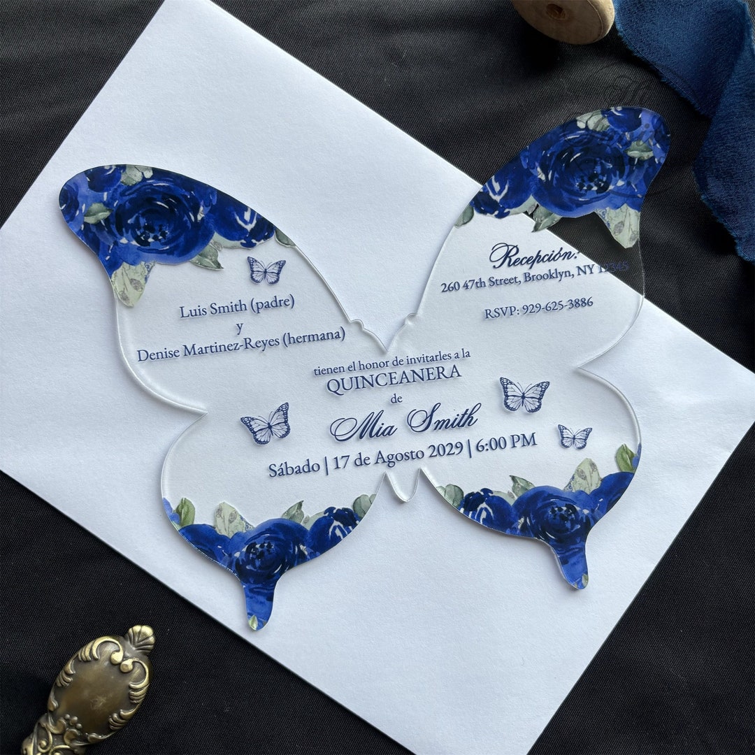 Dark Blue Butterfly Quinceañera Acrylic Invitation, Navy Fancy Sweet 15 ...