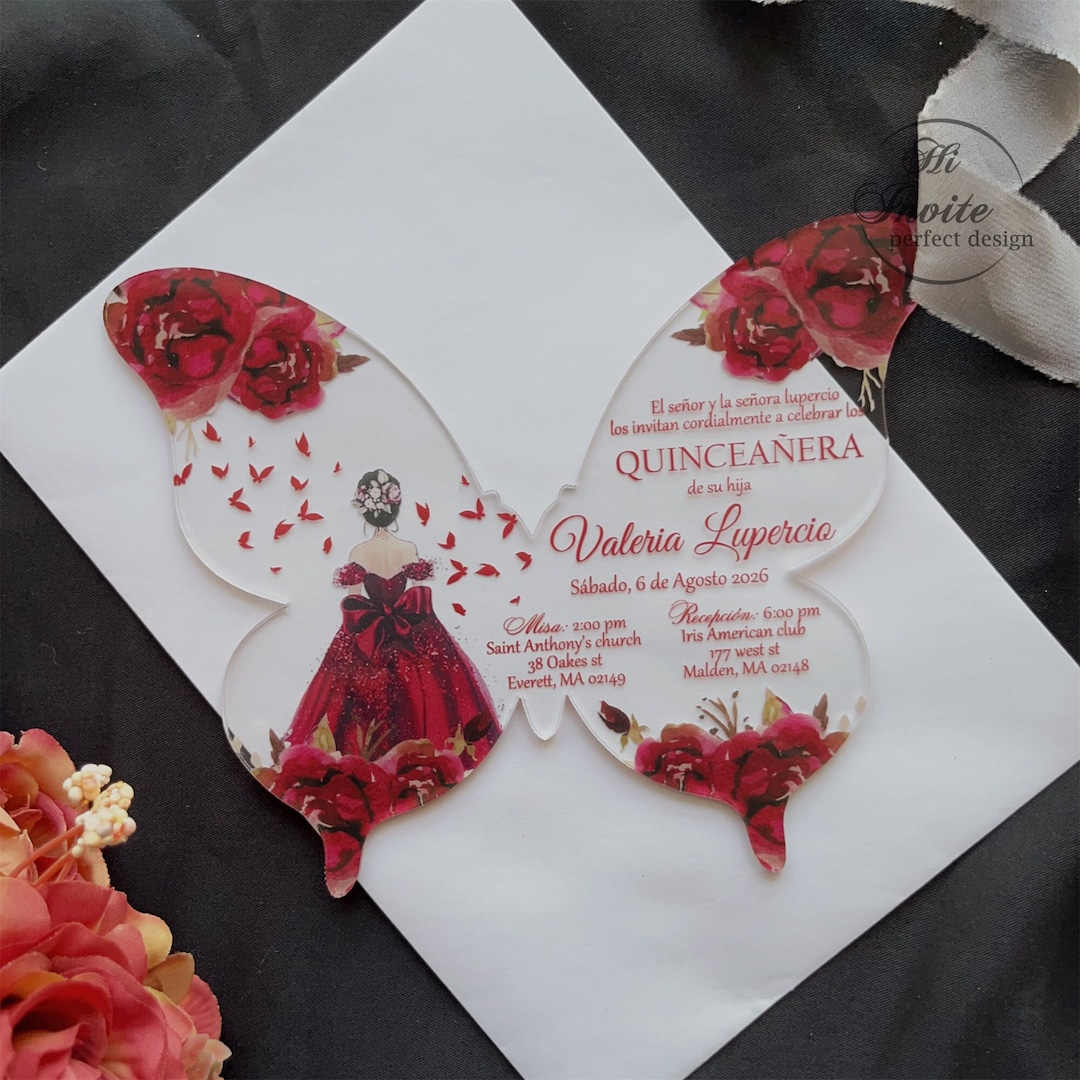 Burgundy Quinceañera Acrylic Butterfly Invitation With Princess, Fancy ...