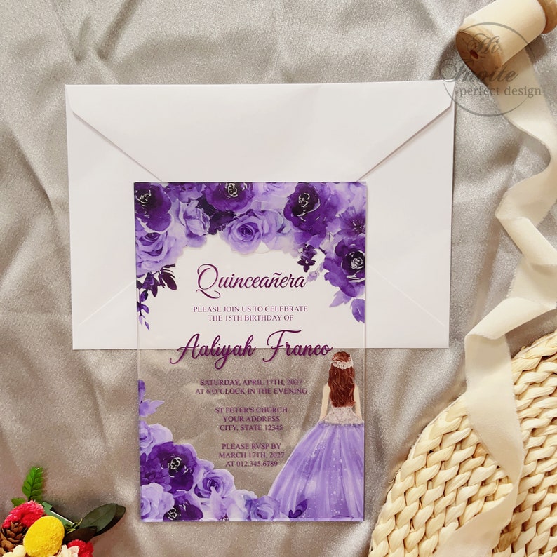 Lavender Froral Acrylic Quinceañera Invitation Violet Sweet - Etsy