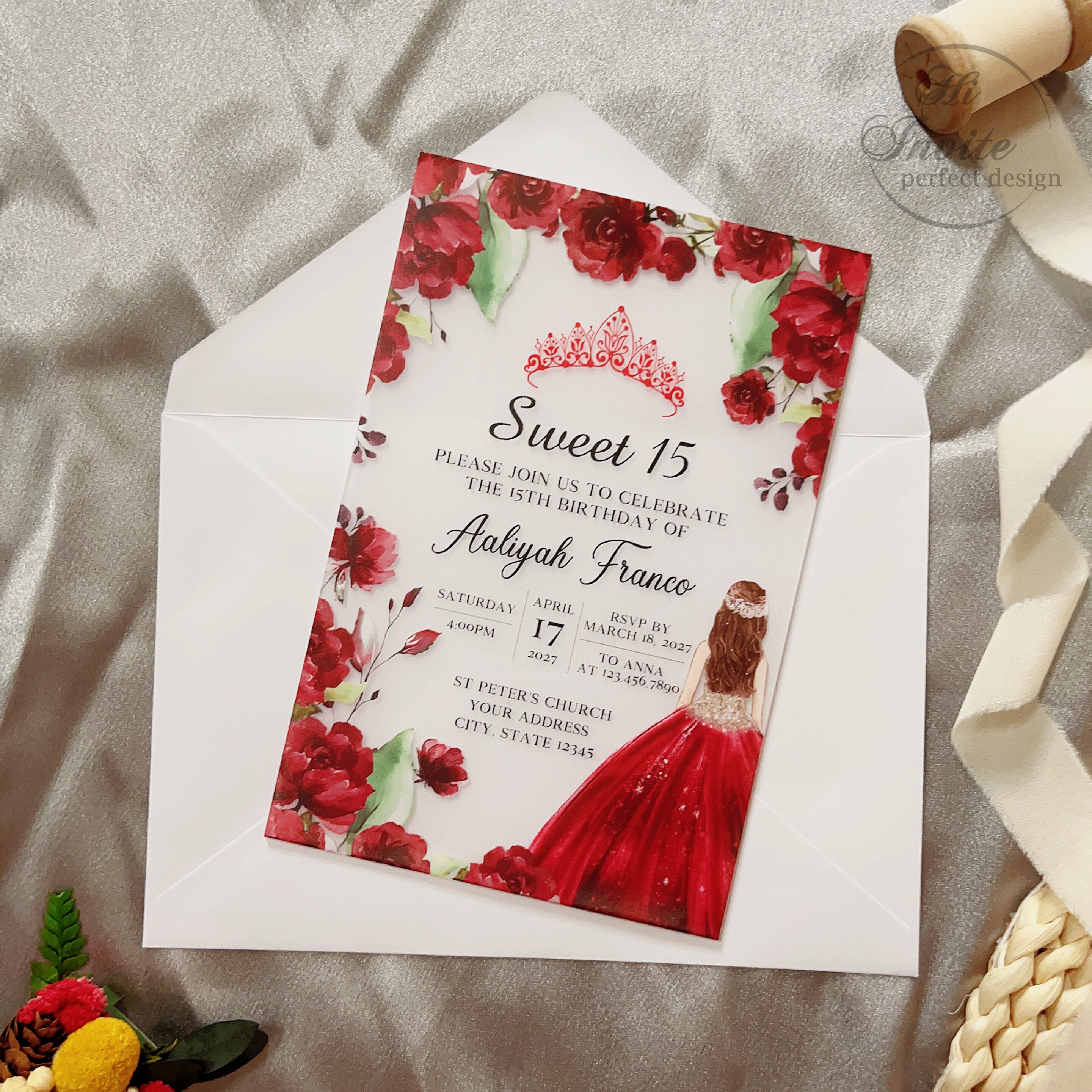 Red Rose Floral Quinceañera Invitation With Girl Dress&crown, Mis ...