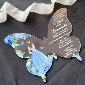 Sky Blue Rose Butterfly Quinceañera Invitation, Light Blue Acrylic ...