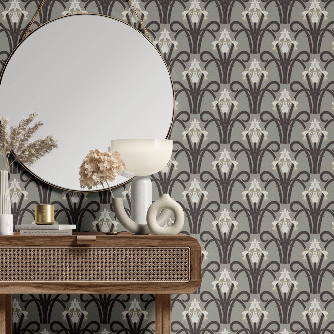 Dark Neutral Art Nouveau Floral Wallpaper: Vintage Revival Peel and ...