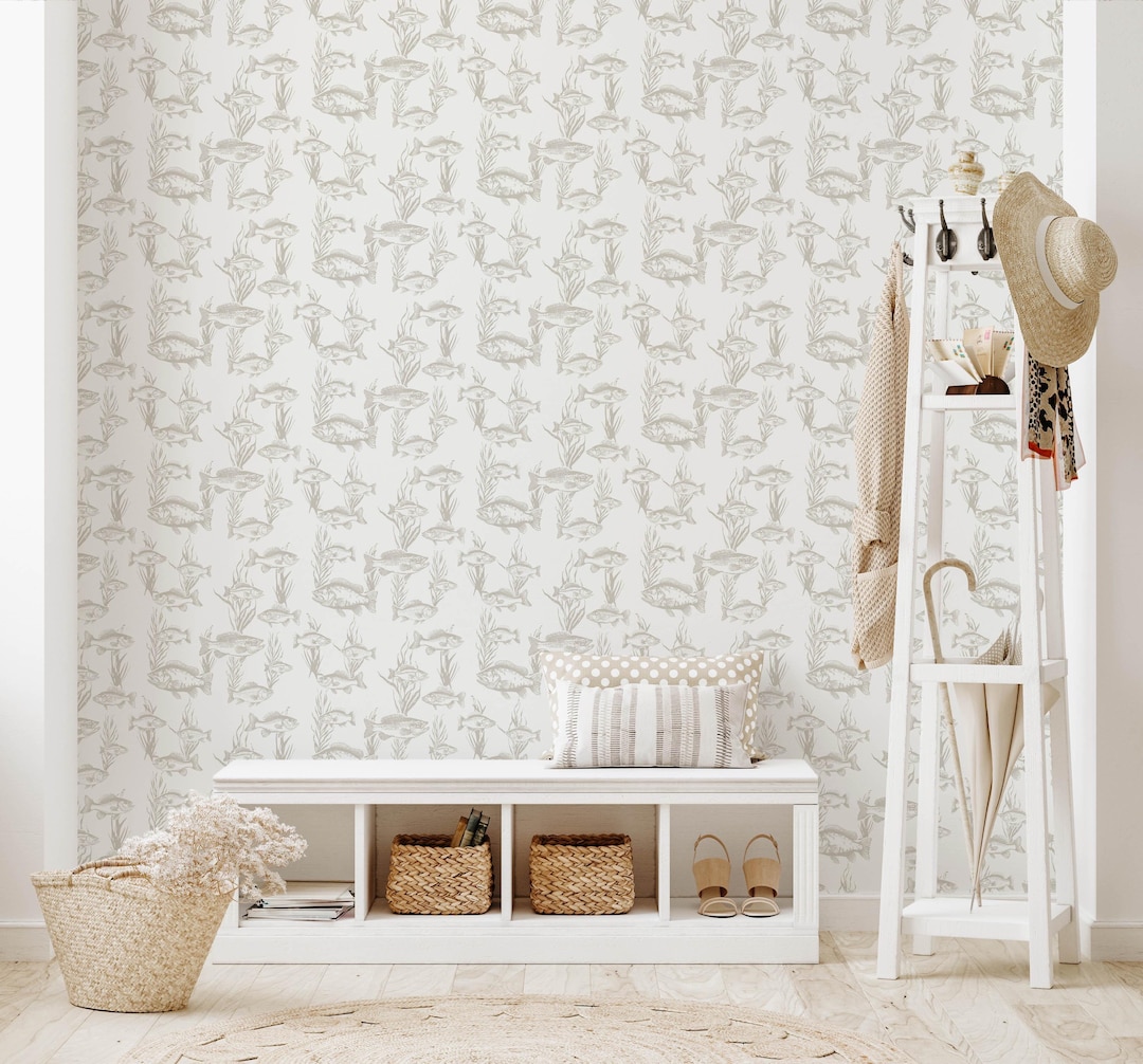 Neutral Fish Toile Wallpaper: Soft Beige and White Scandinavian Style ...