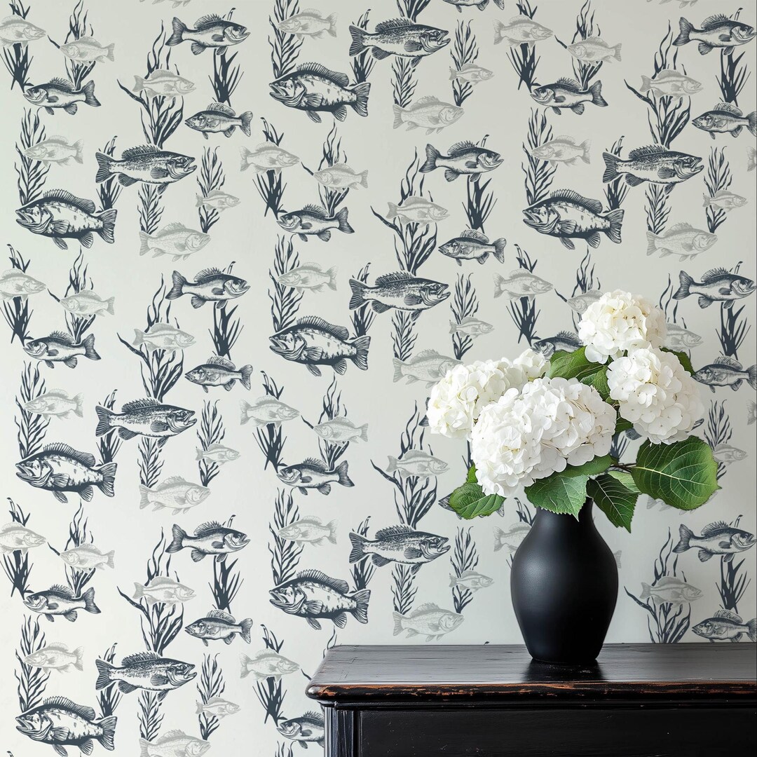 Navy Gray Toile Fish Wallpaper: Modern Coastal Lake-house Peel and ...