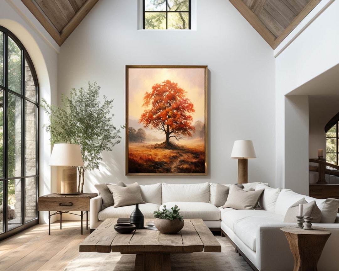 Vibrant Autumn Oak Tree Painting for Modern Farmhouse Decor - Digital ...