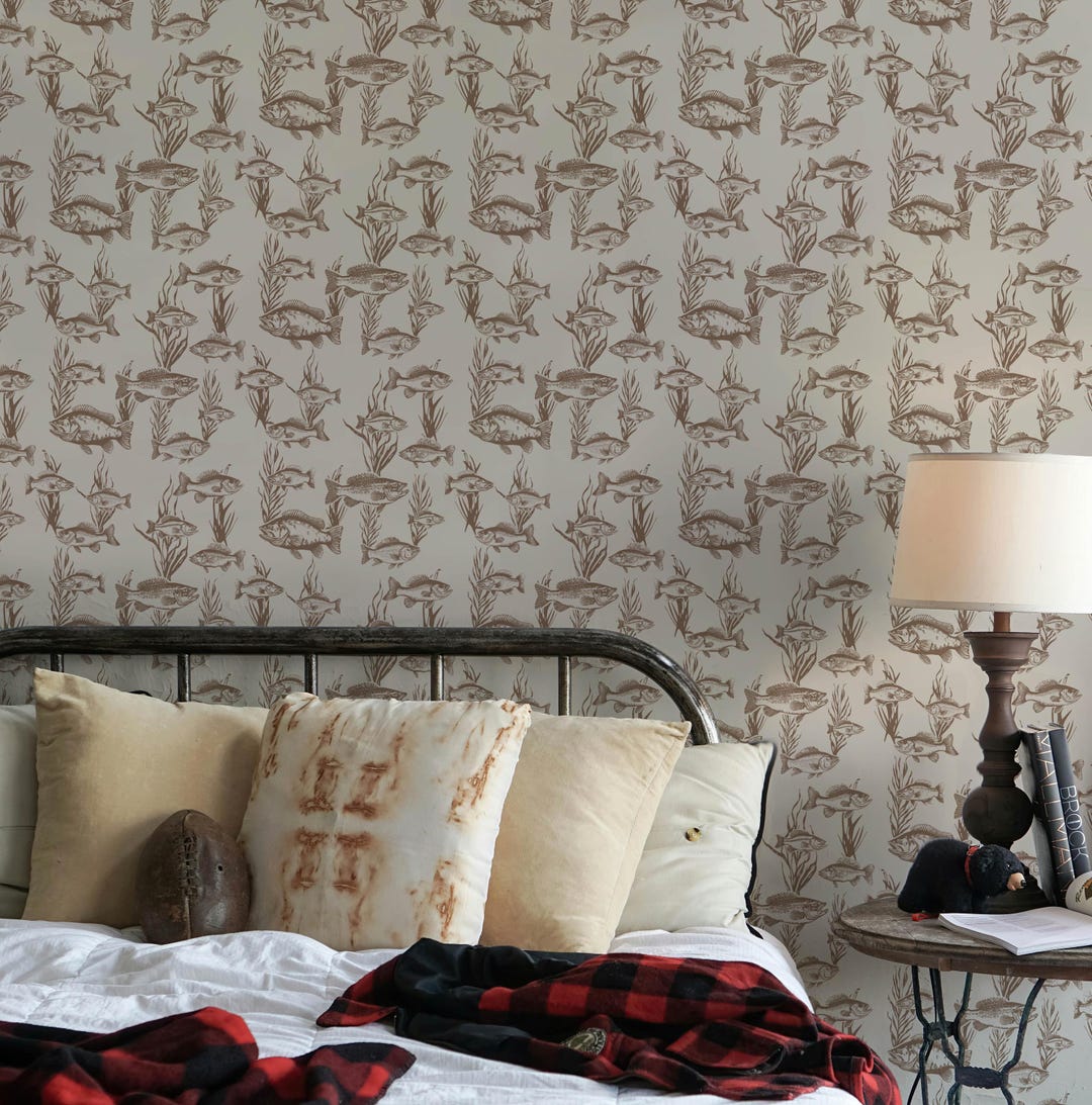 Fish Toile Wallpaper: Sepia Brown Toned Rustic Fishing Cabin Peel and ...