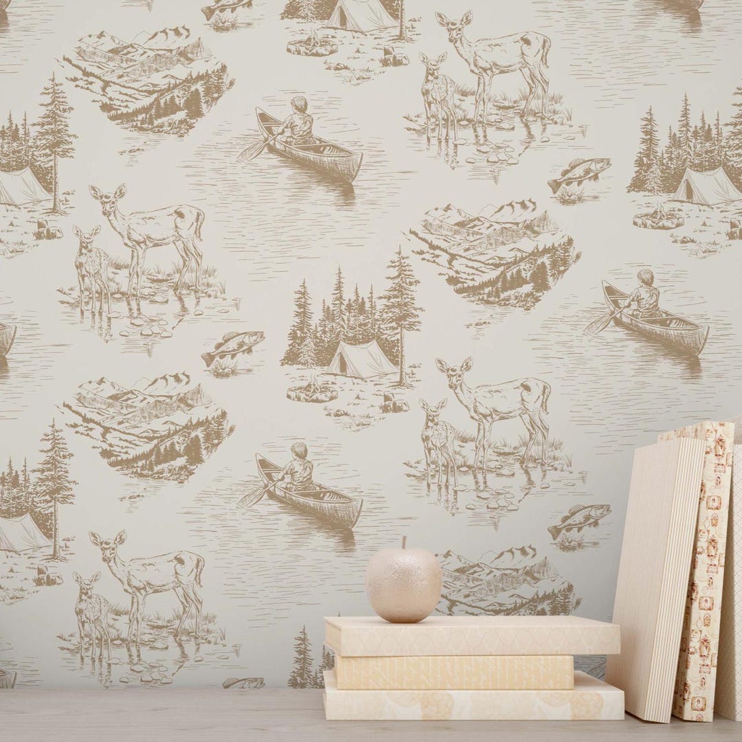 Woodland Landscape Vintage Toile Wallpaper: Warm Brown and Beige French ...