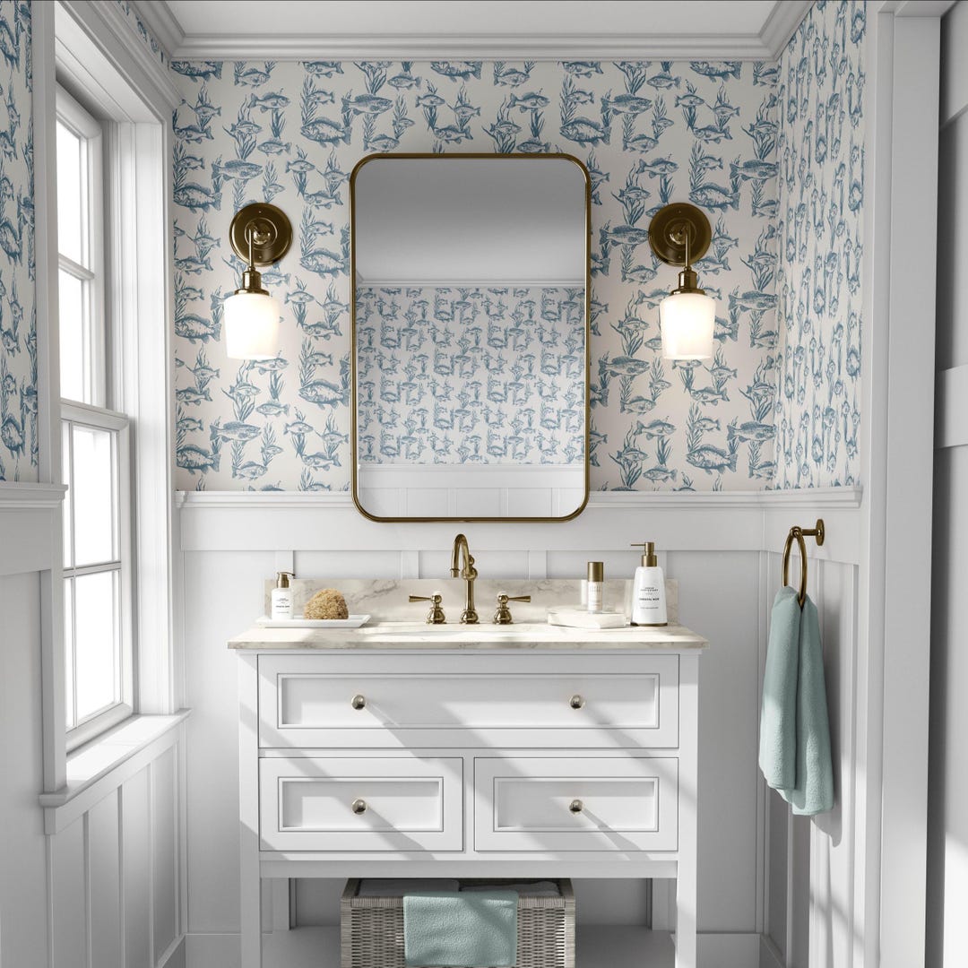 Nautical Blue Fish Toile Wallpaper: Coastal Lake-house Peel and Stick ...