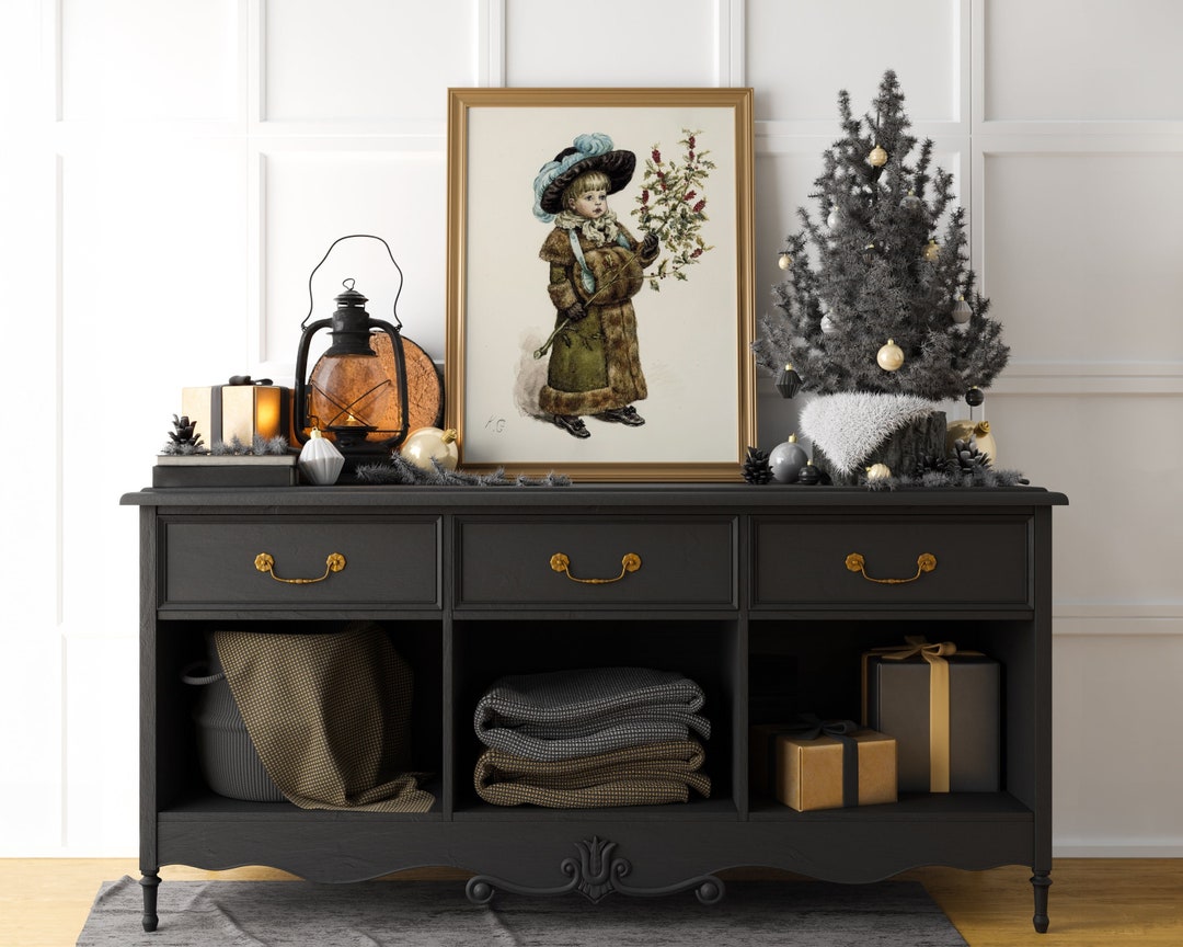 Vintage Kate Greenaway Girl With Holly Branch Print, Traditional ...