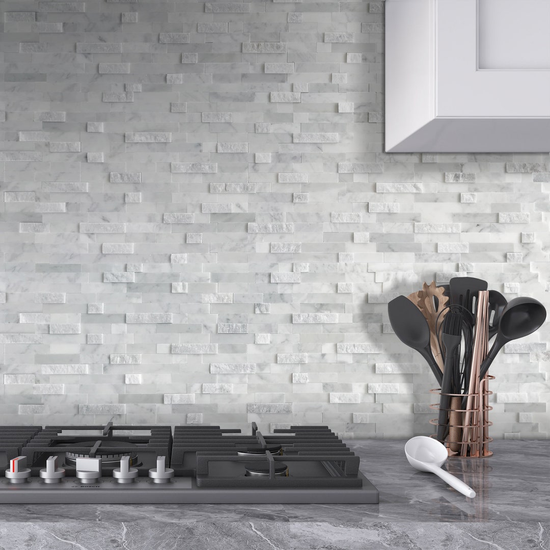 5-sheet Natural Marble Peel and Stick Backsplash, Interlocking 3D Stone ...