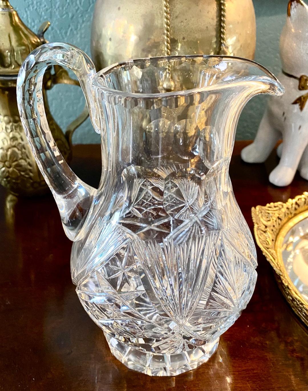 Cut Crystal Large Water Pitcher 32 Oz Pitcher Beverage Holder Drink and ...