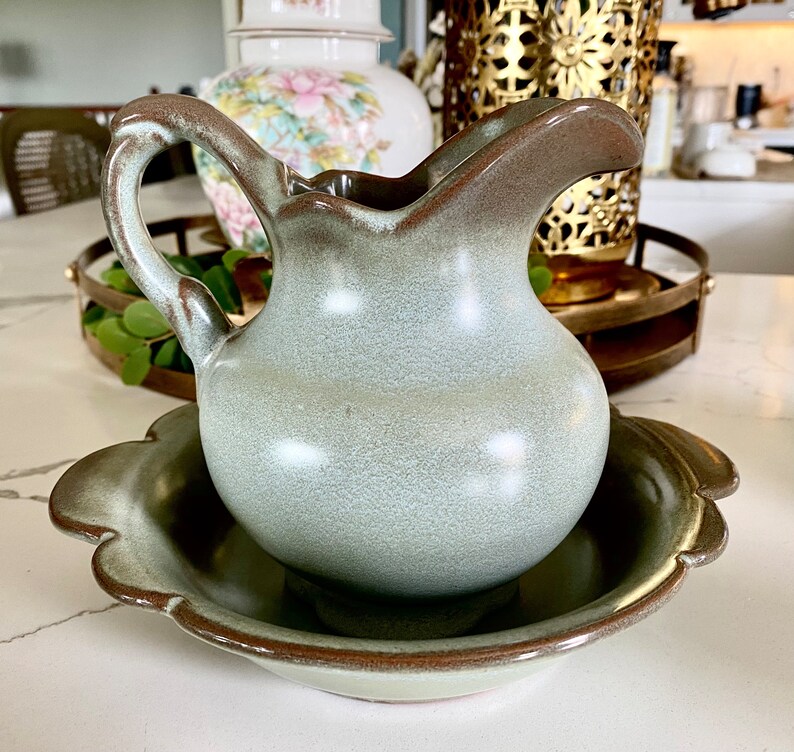 Francoma Pottery Small Pitcher Basin Bowl Set Plainsman Green - Etsy