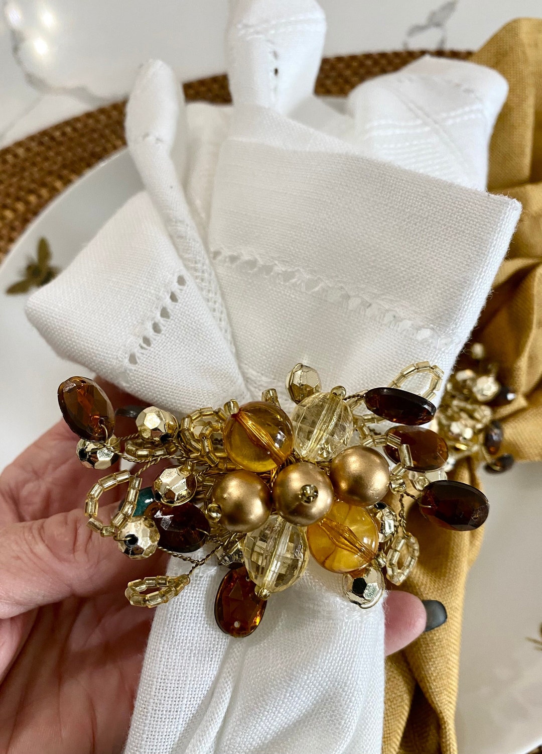 Jeweled Amber and Gold Clusters Napkin Rings Set of 6 Vintage Napkin ...