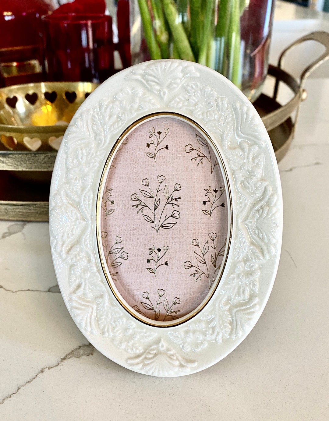 Small Ceramic Ivory 2.5 X 3.5 Oval Photo Frame Floral Details Gold Trim ...