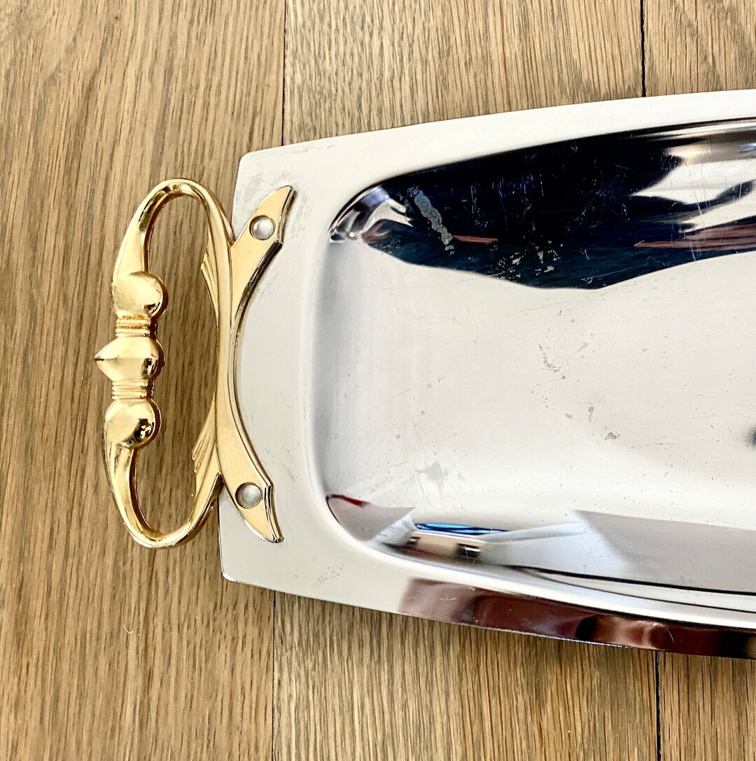 Kromex 15.5” Oblong Serving Tray Stainless Steel Ornate Brass Handles ...