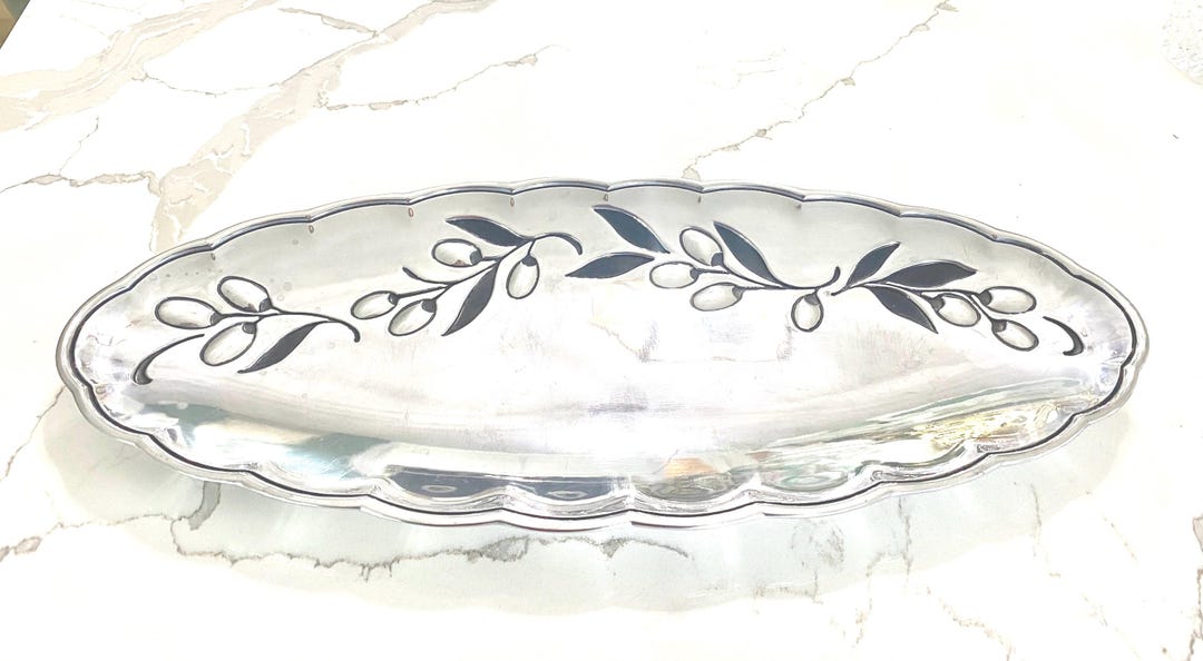 Vintage LENOX Silver Metal Serveware En Prov Olives Leaves Design Bread ...