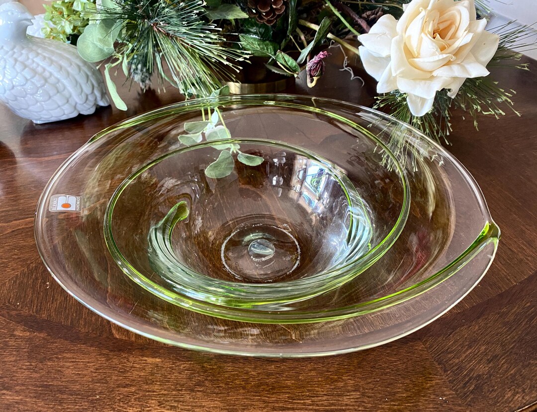 Rare BLENKO Bowl 11 3/8” Wide Clear Glass With a Green Uranium Glass ...
