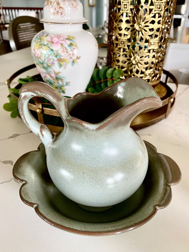 Francoma Pottery Small Pitcher Basin Bowl Set Plainsman Green - Etsy