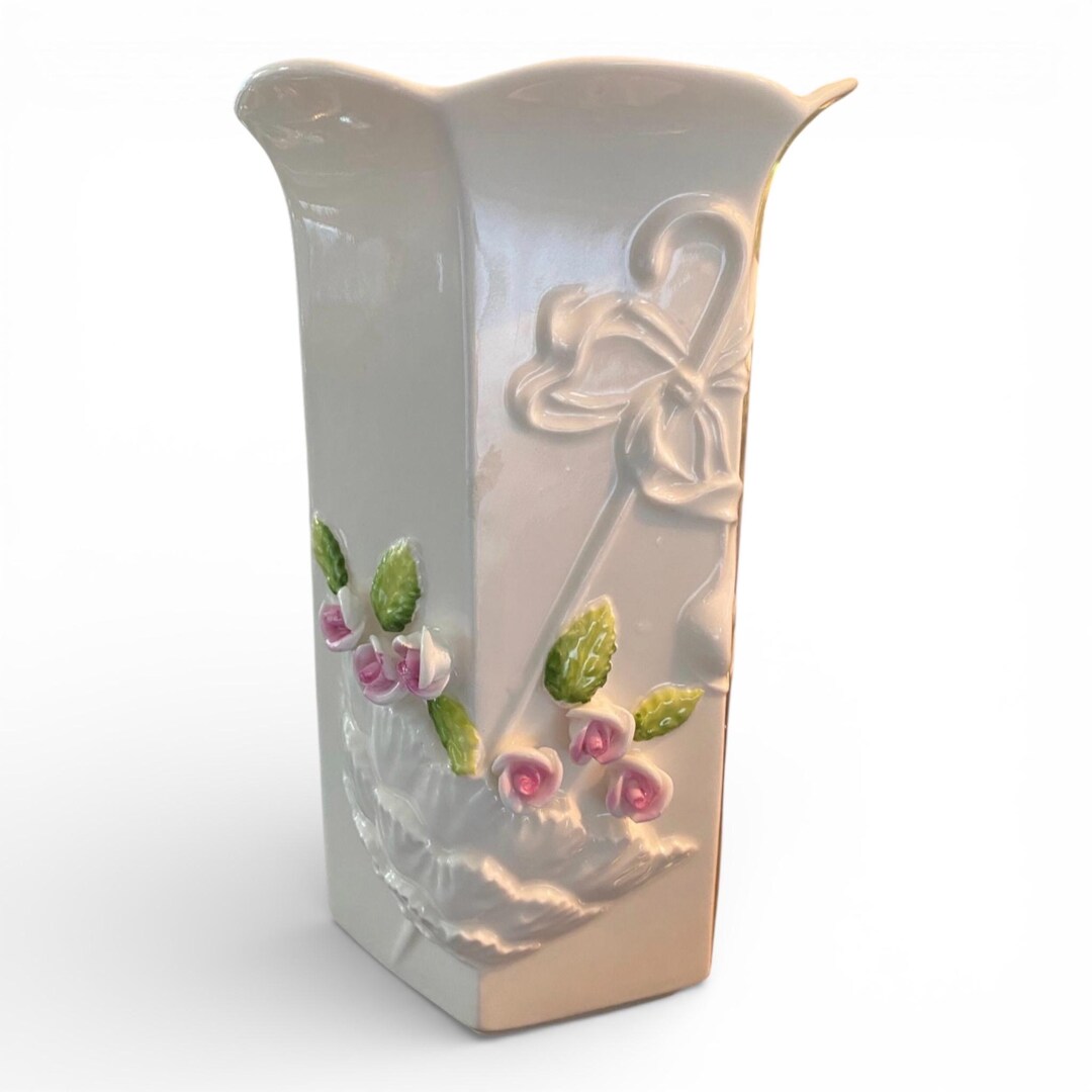 Vintage Shafford Porcelain Vase: White Parasol With Pink Roses - Etsy