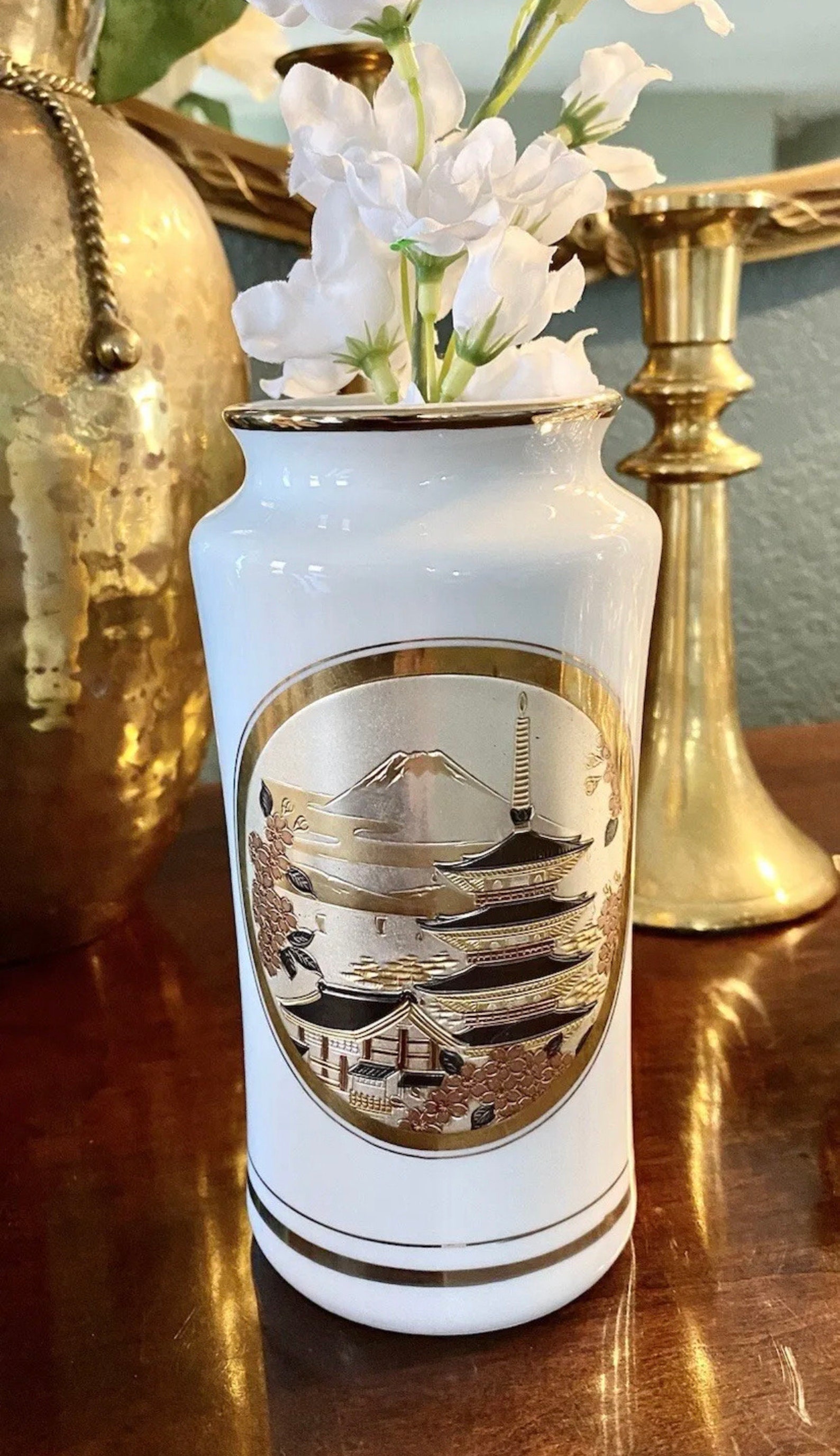 Japanese Chokin Art Gold Metal Engraved White Porcelain Collector Vase ...