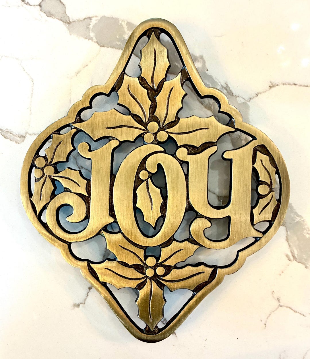 Vintage “JOY” Cast Iron Gold Trivet / Wall Hanging Christmas Holly ...