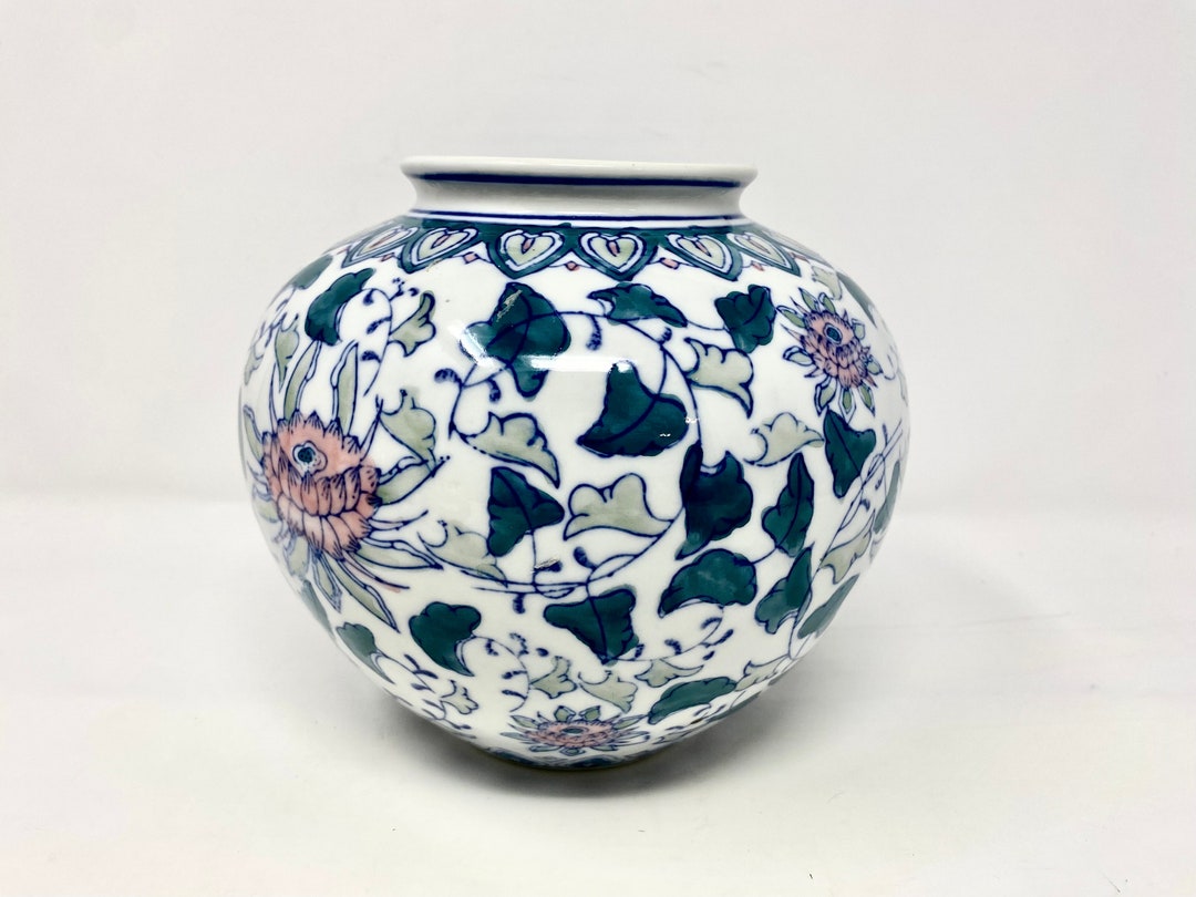 Hand Painted Ceramic Globe Vase Floral Pastel Blue Green Pink - Etsy