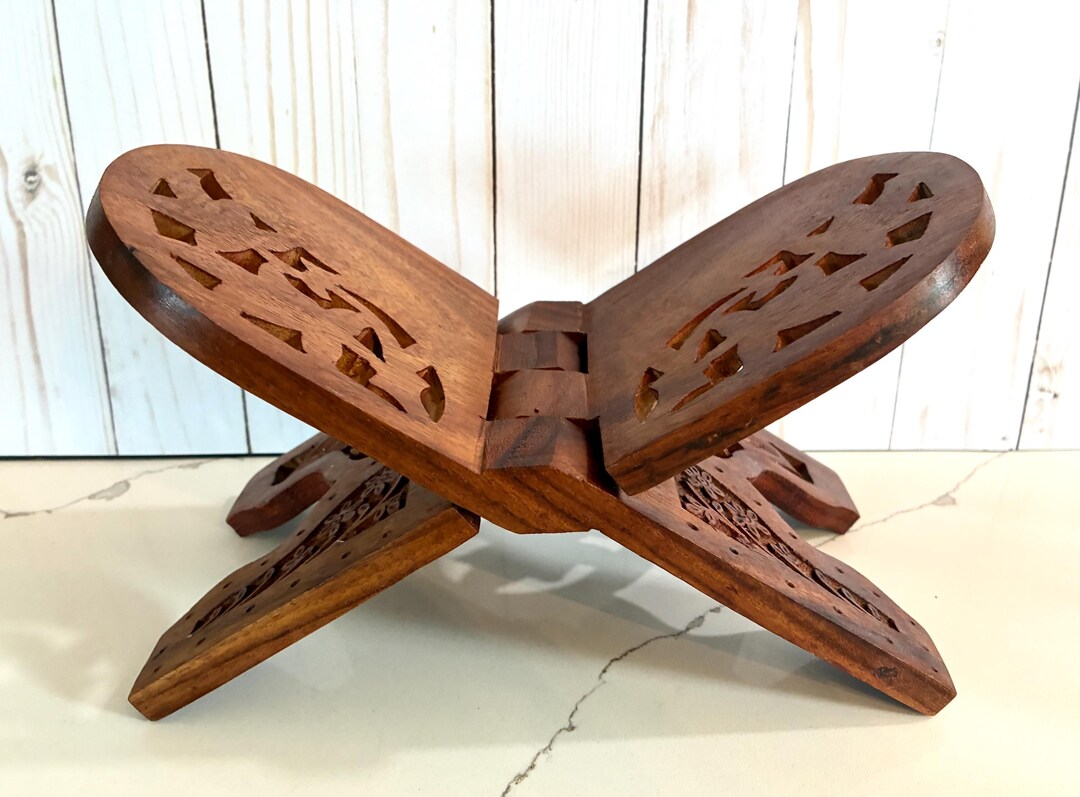 Handcarved Shesham Wood Folding Book Stand: Cookbook, Bible, Guestbook ...