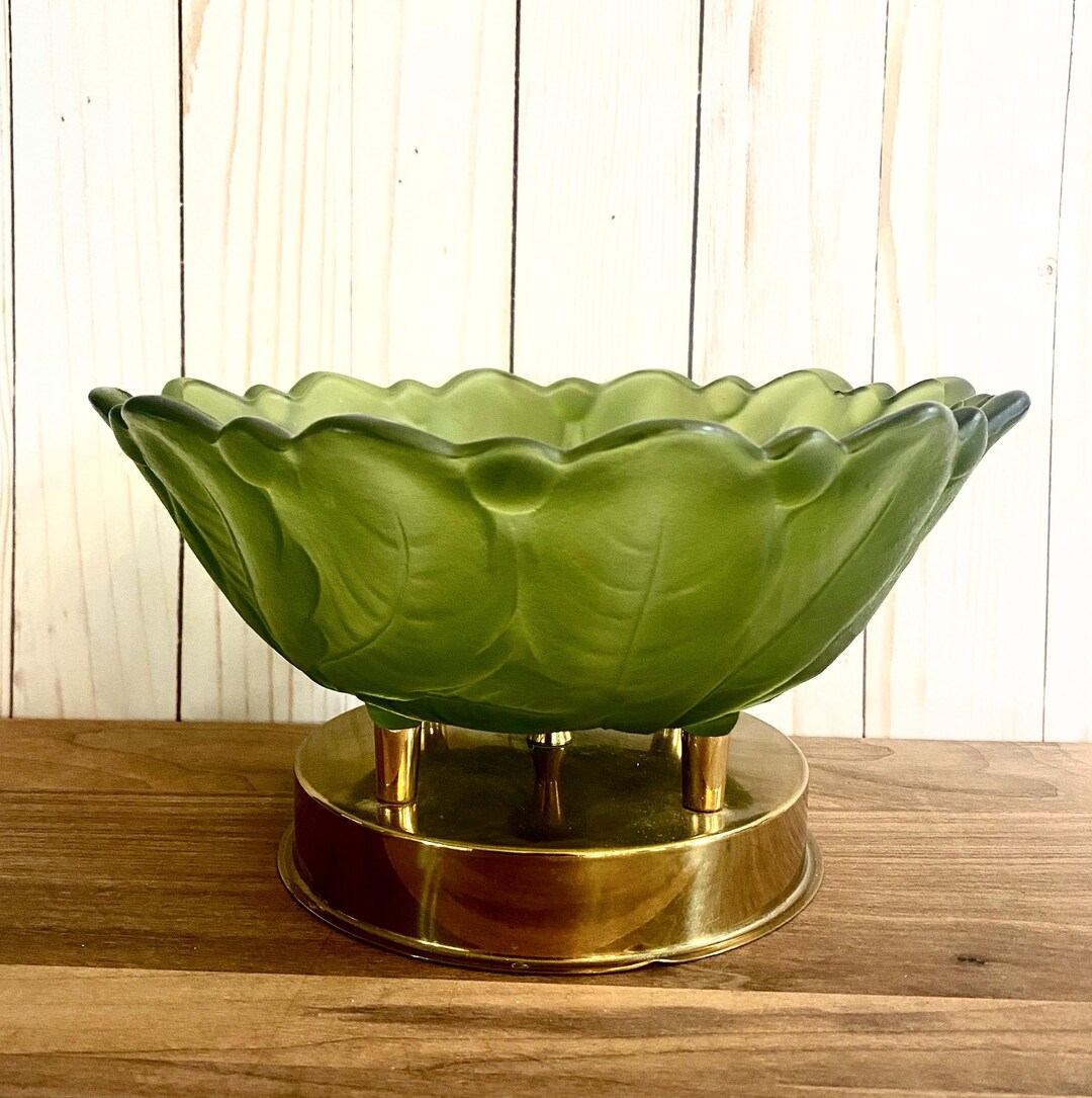 Vintage MCM Olive Green Frosted Glass Leaf Centerpiece Bowl Footed ...